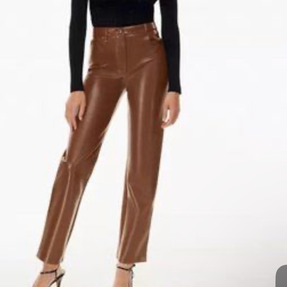 Brown Leather Pants With Gold Button Detail - Gem